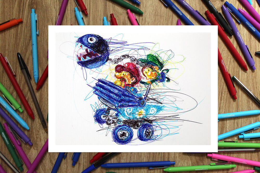 Baby Mario and Luigi Kart Ballpoint Pen Scribble Art Print – The Scribble Shop